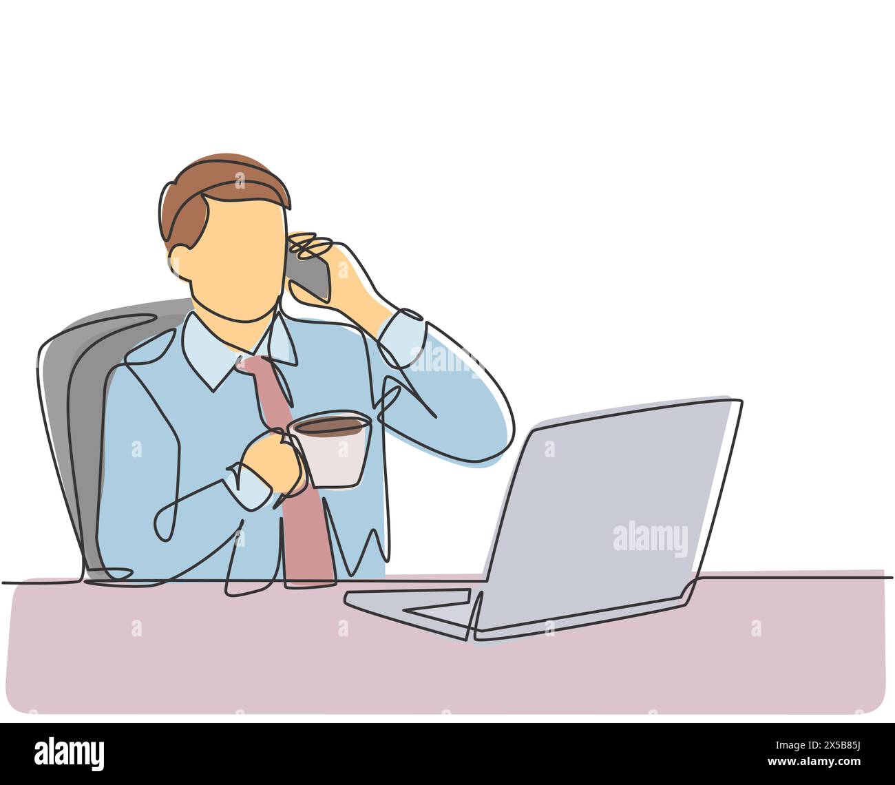 One single line drawing of young male employee holding smartphone ...