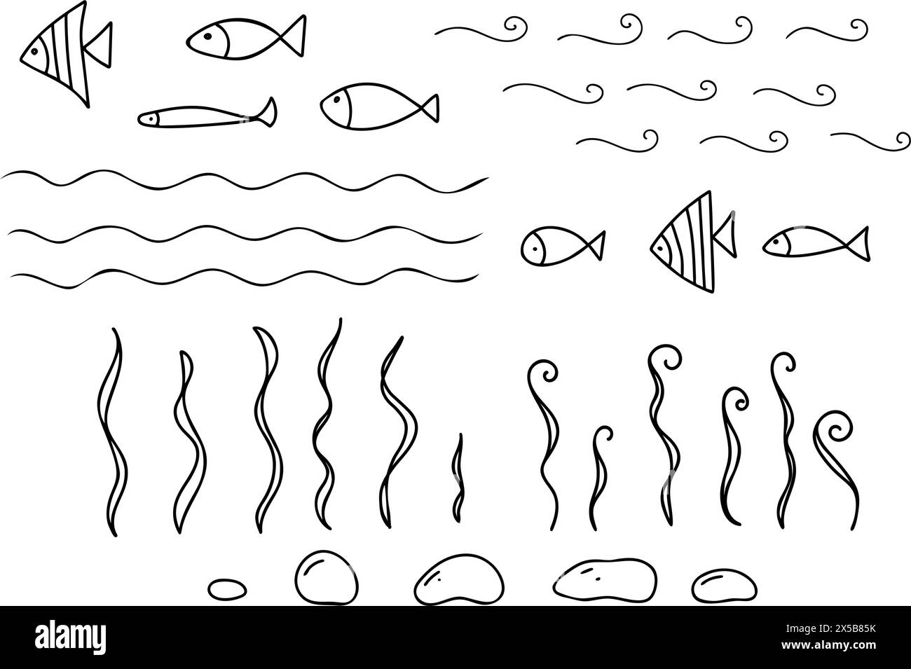 Set of Underwater elements. Different Fishes, Seaweeds and Stones ...