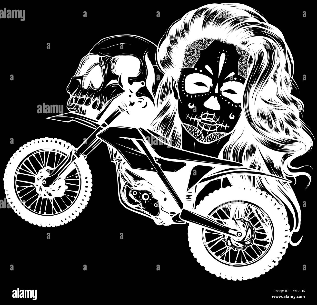 white silhouette of motor cross cartoon with with skull and woman on ...