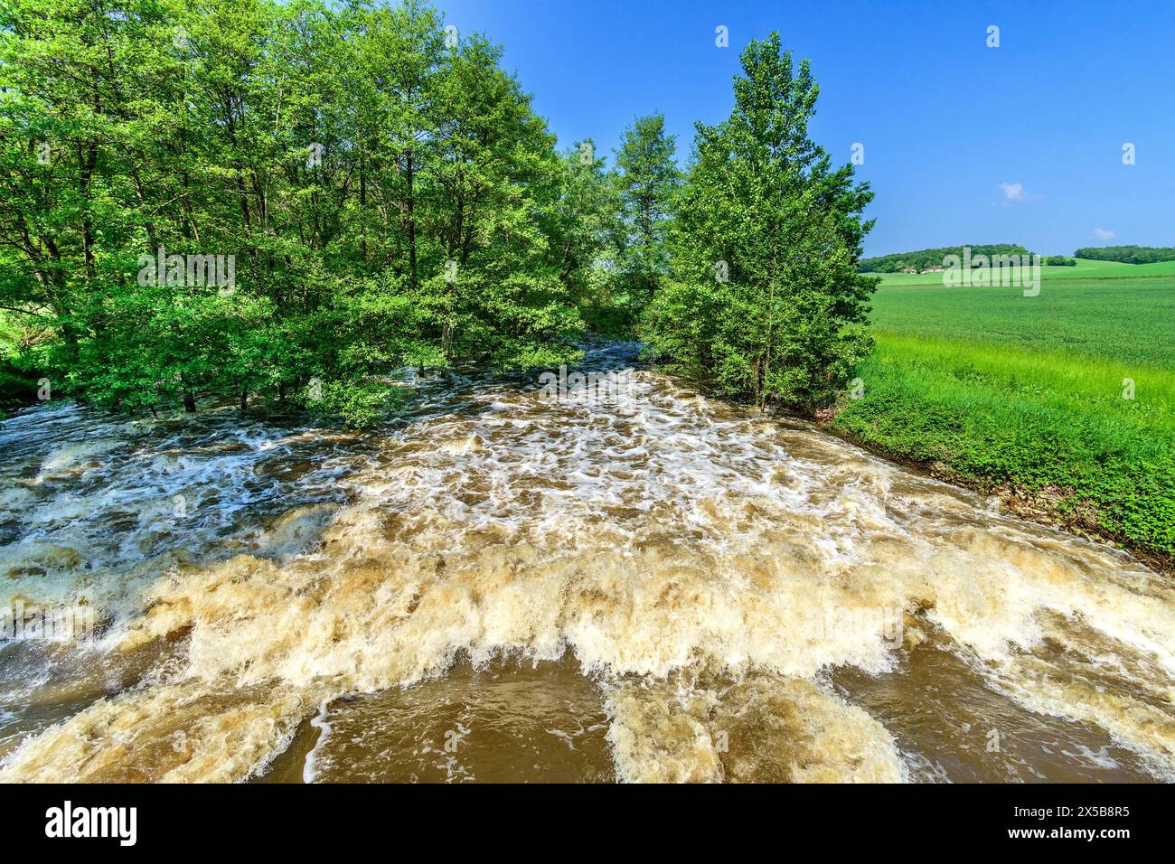Raging water after flooding of river Claise near Chaumussay, Indre-et-Loire (37), France Stock ...