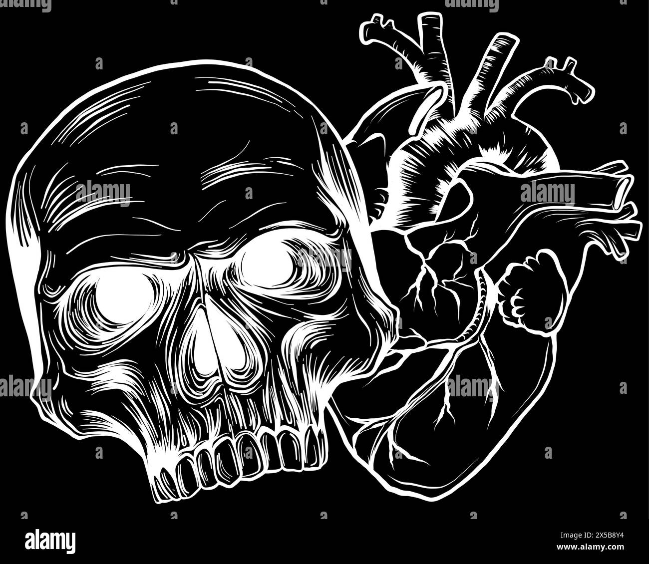 white silhouette of human skull with heart vector illustration design ...