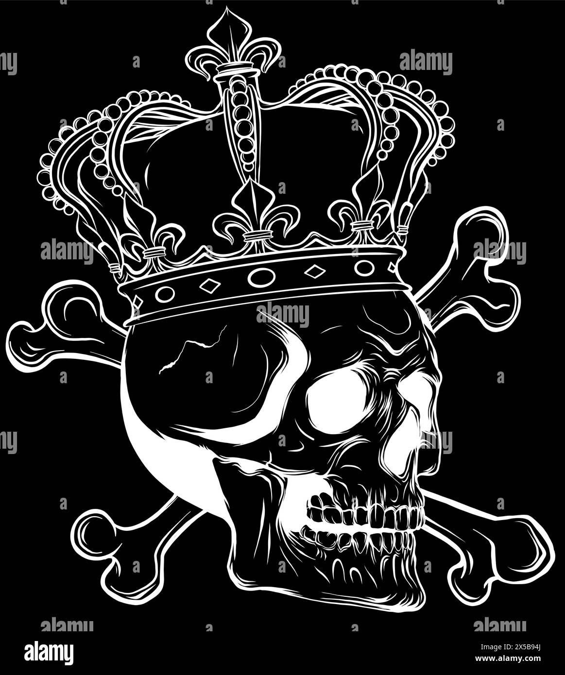 white silhouette of skull with crown and crossed bones in cartoon ...