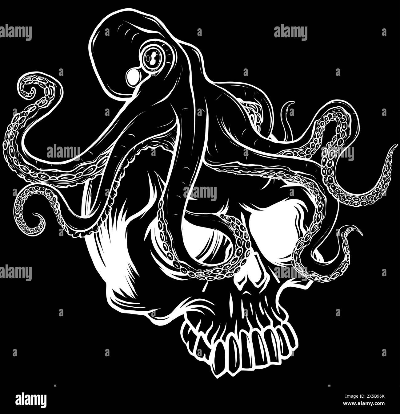 white silhouette of octopus on human skull vector illustration on black ...