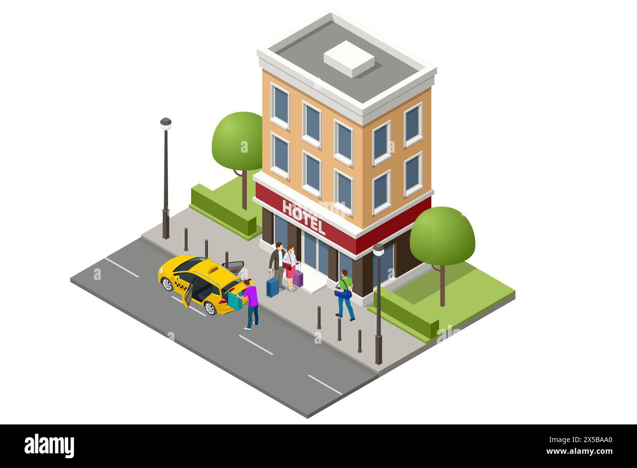 Isometric public hotel building exterior. Online booking service. Hotel ...