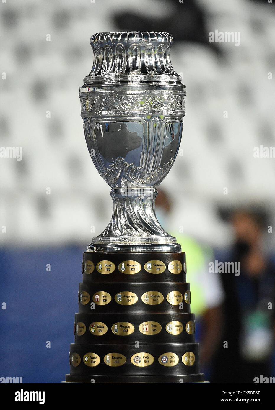 Rio de Janeiro-Brazil July 18, 2021, Copa América football trophy at ...