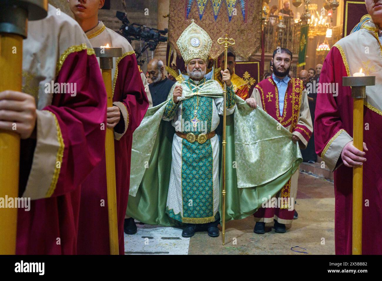 An orthodox Patriarch during the procession around the aediculae in the ...