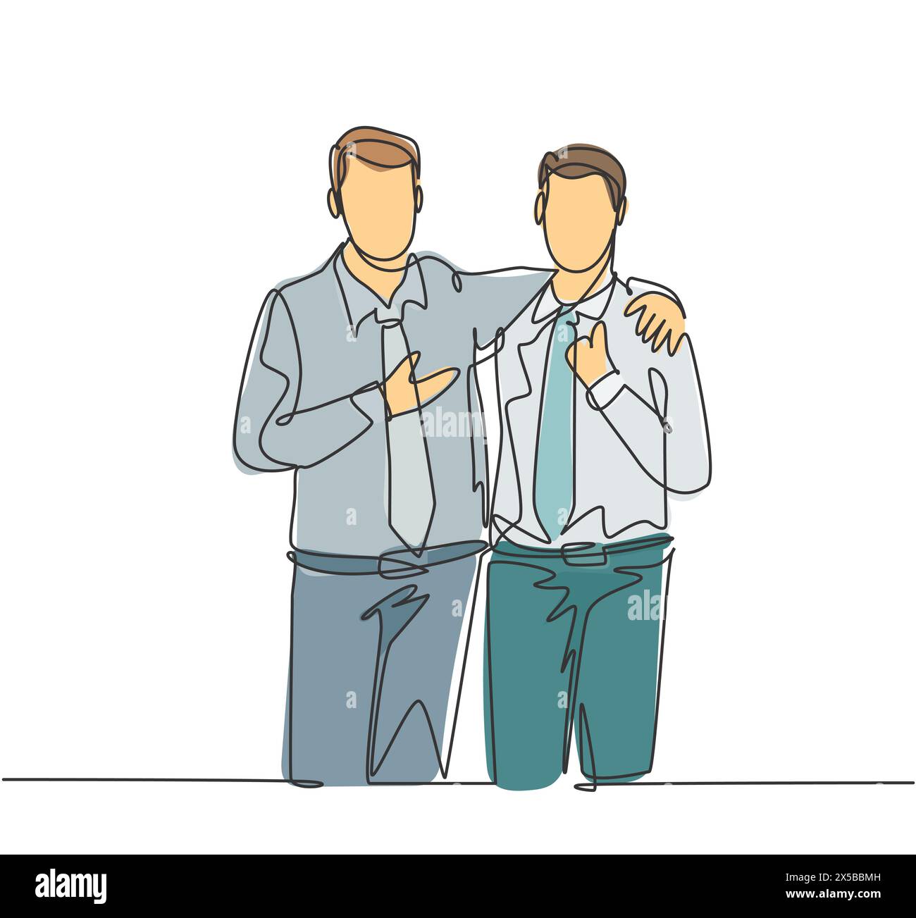One single line drawing of young happy businessmen hugging each other ...