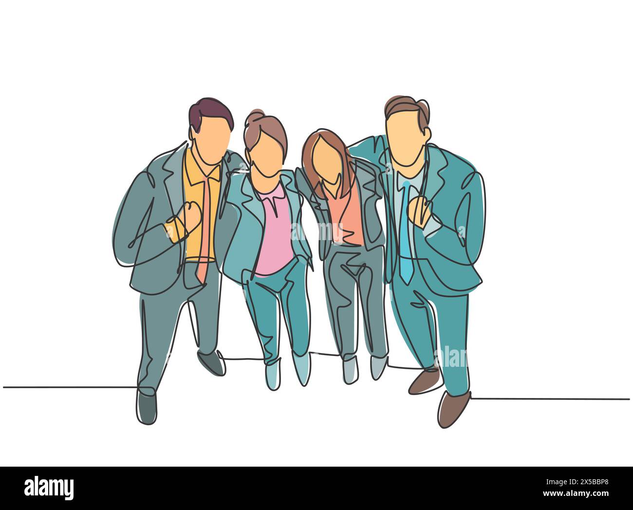 One continuous line drawing of young happy male and female employees ...