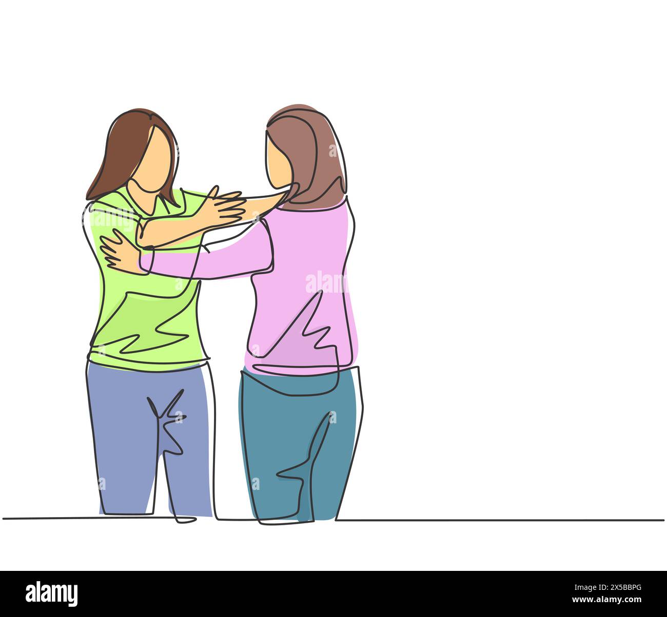 One single line drawing of two young happy businesswoman hugging each ...