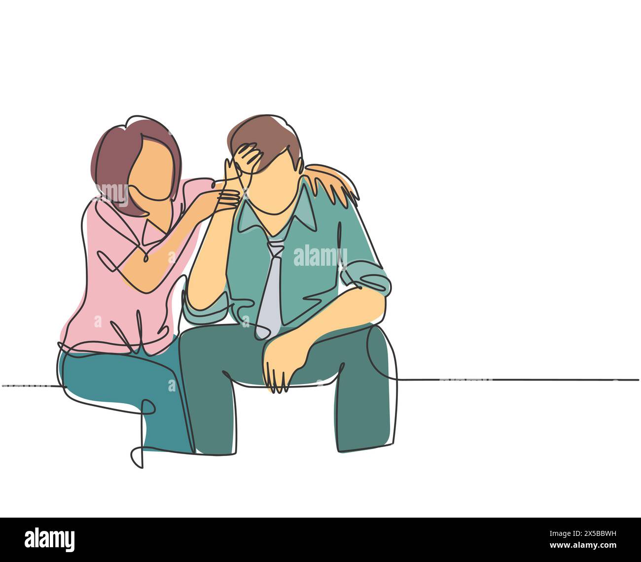 Single continuous line drawing of young female worker hugging and ...