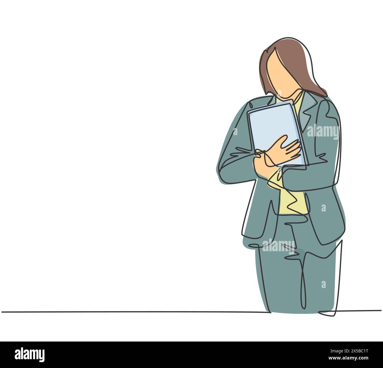 One single line drawing of young happy female worker at the office ...