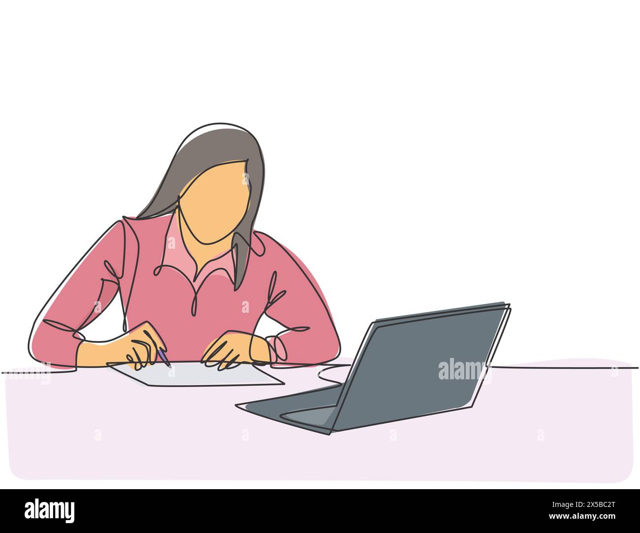 One continuous line drawing of young serious female worker sitting ...