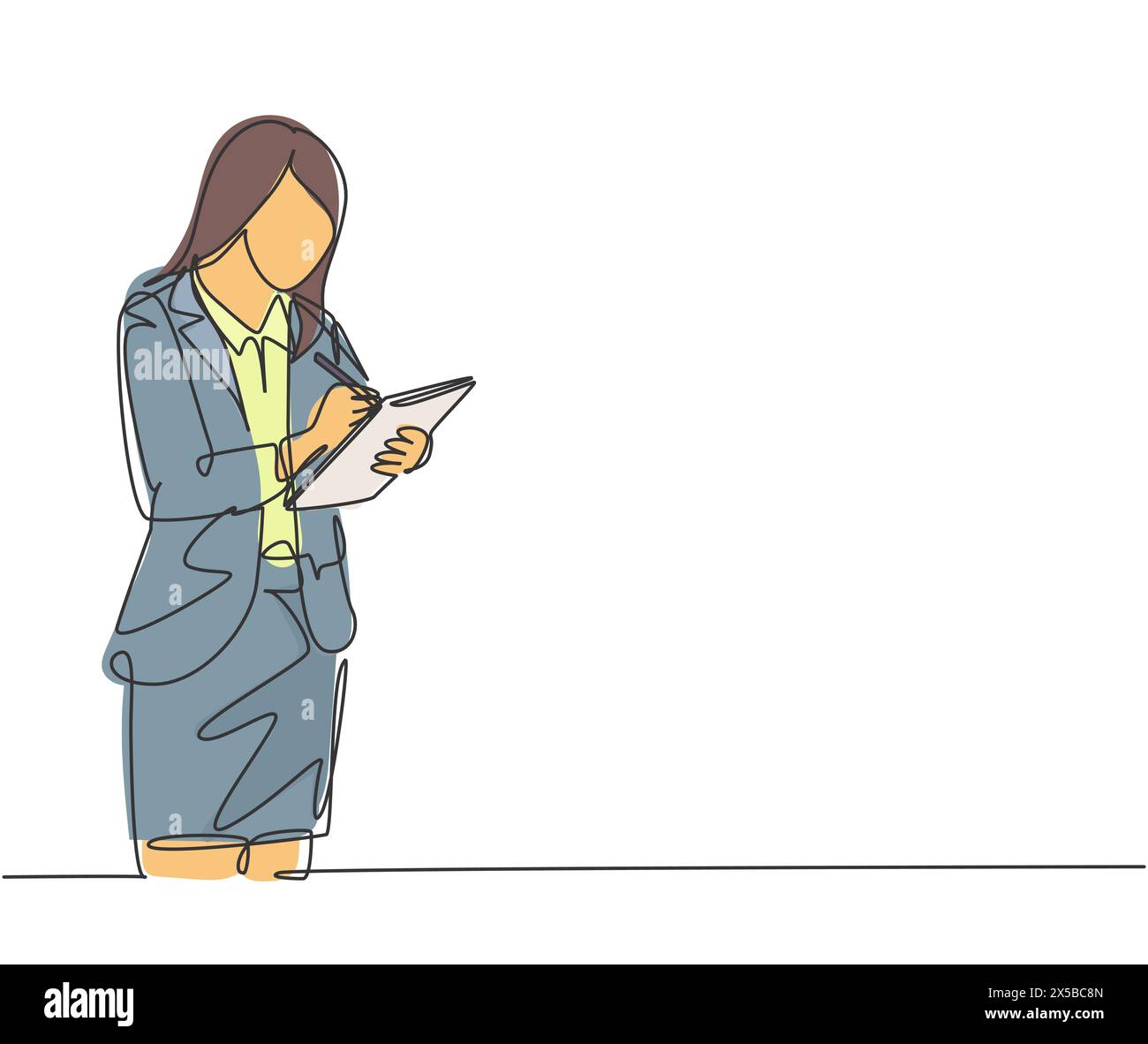 One single line drawing of young happy female business manager holding ...