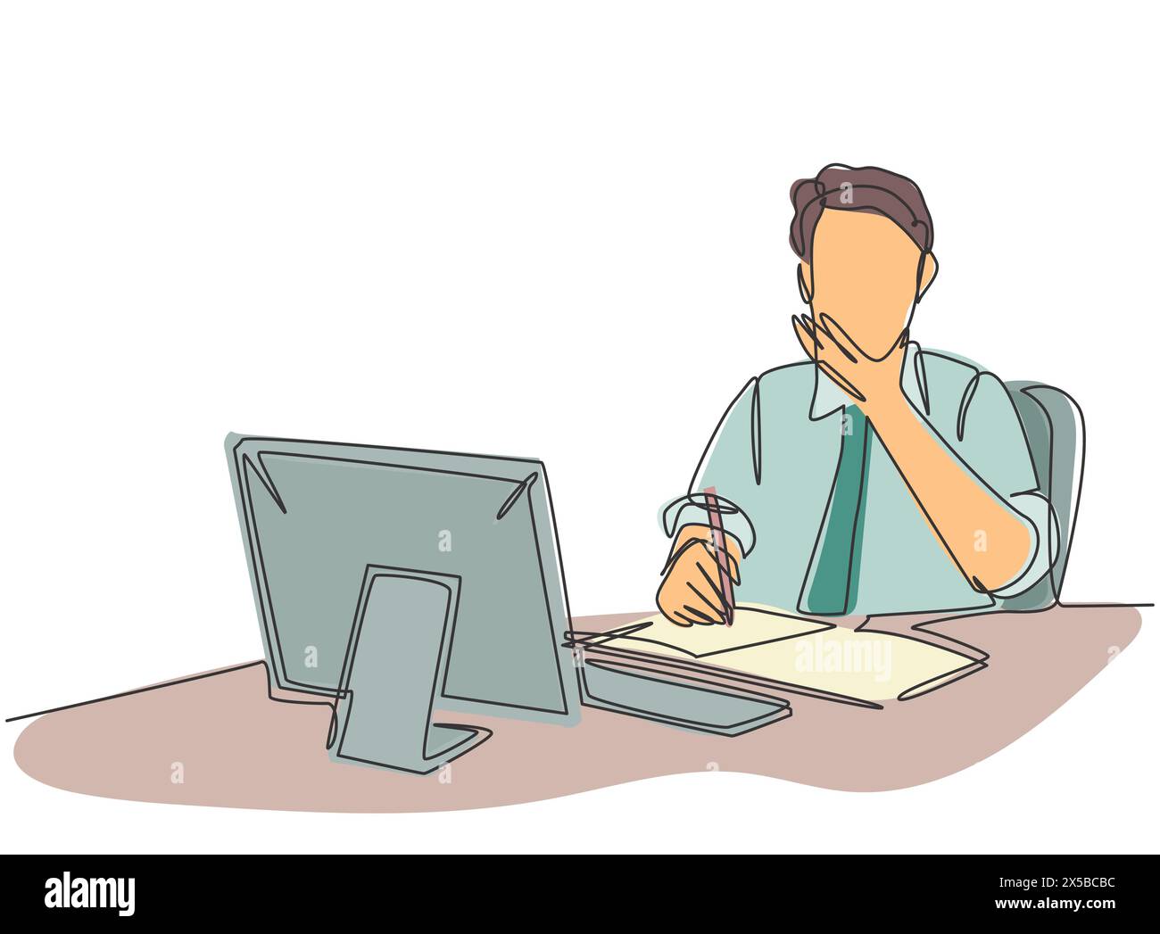 One single line drawing of young pensive businessman sitting and ...