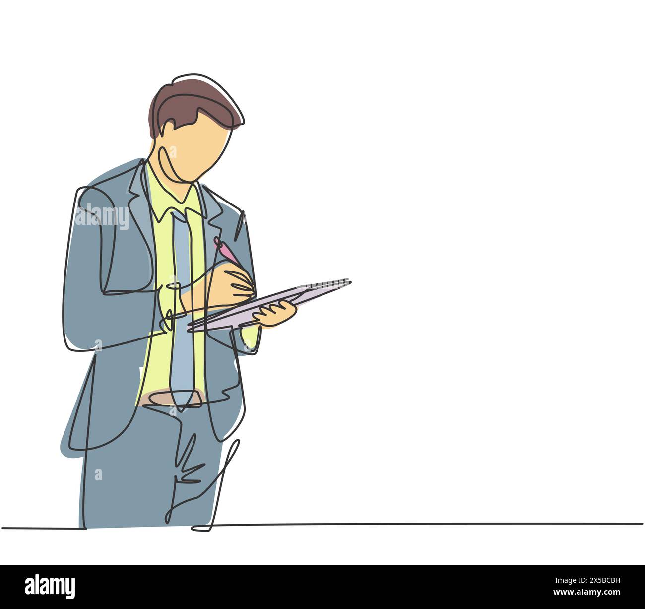 One single line drawing of young happy male worker standing while write business lesson from ...