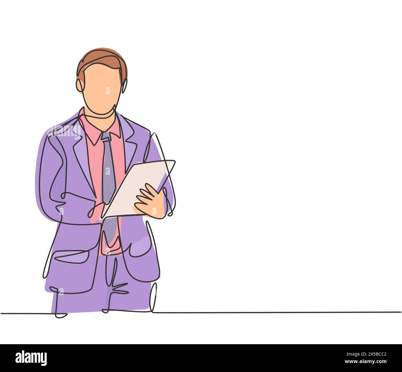 One single line drawing of young happy male worker standing while write business lesson from ...