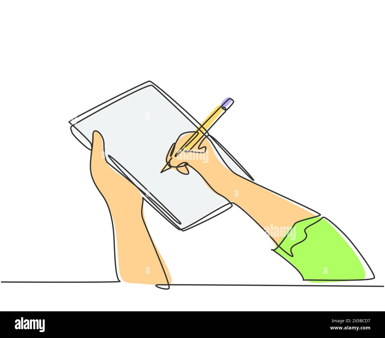 Single continuous line drawing of hand gesture fast writing on paper at ...