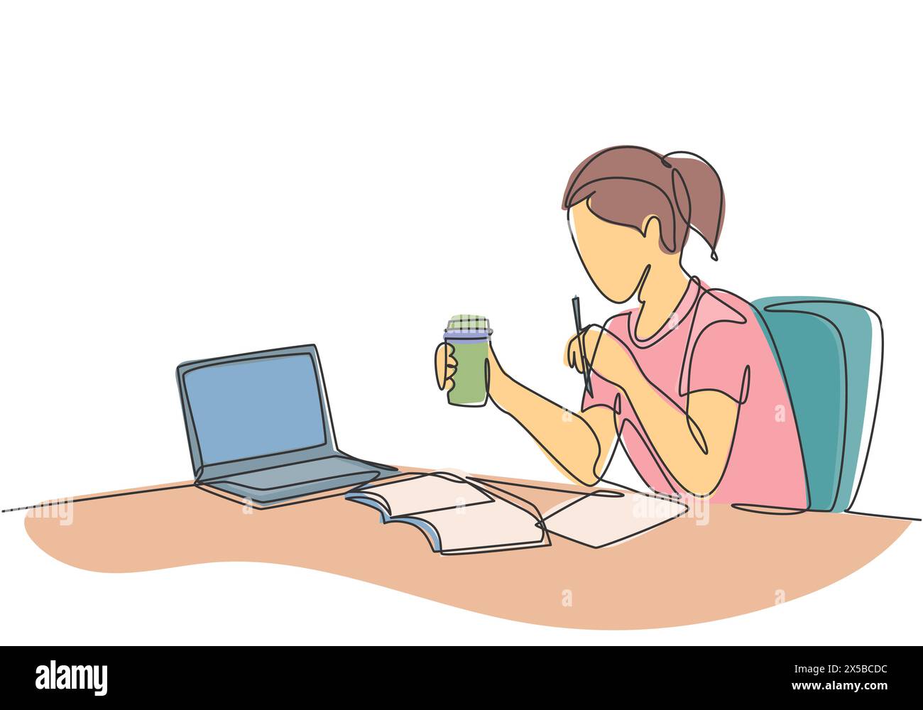 One single line drawing of young serious female employee sitting ...