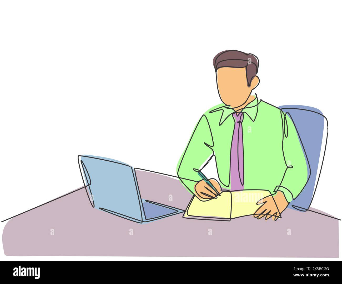 One single line drawing of young serious businessman staring at laptop ...