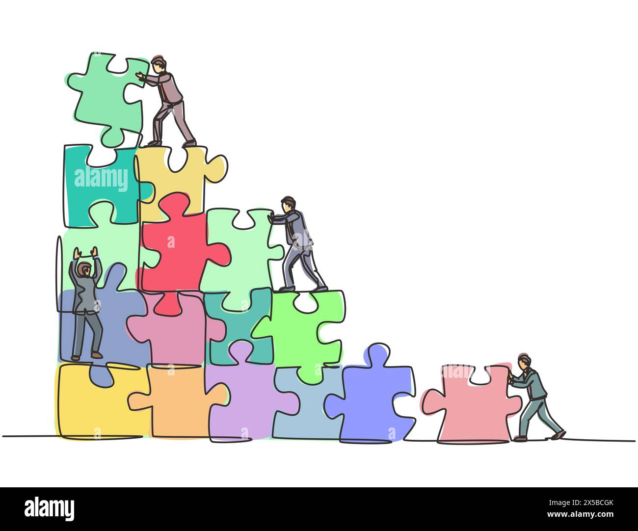 One single line drawing of two young businessman push and arrange ...