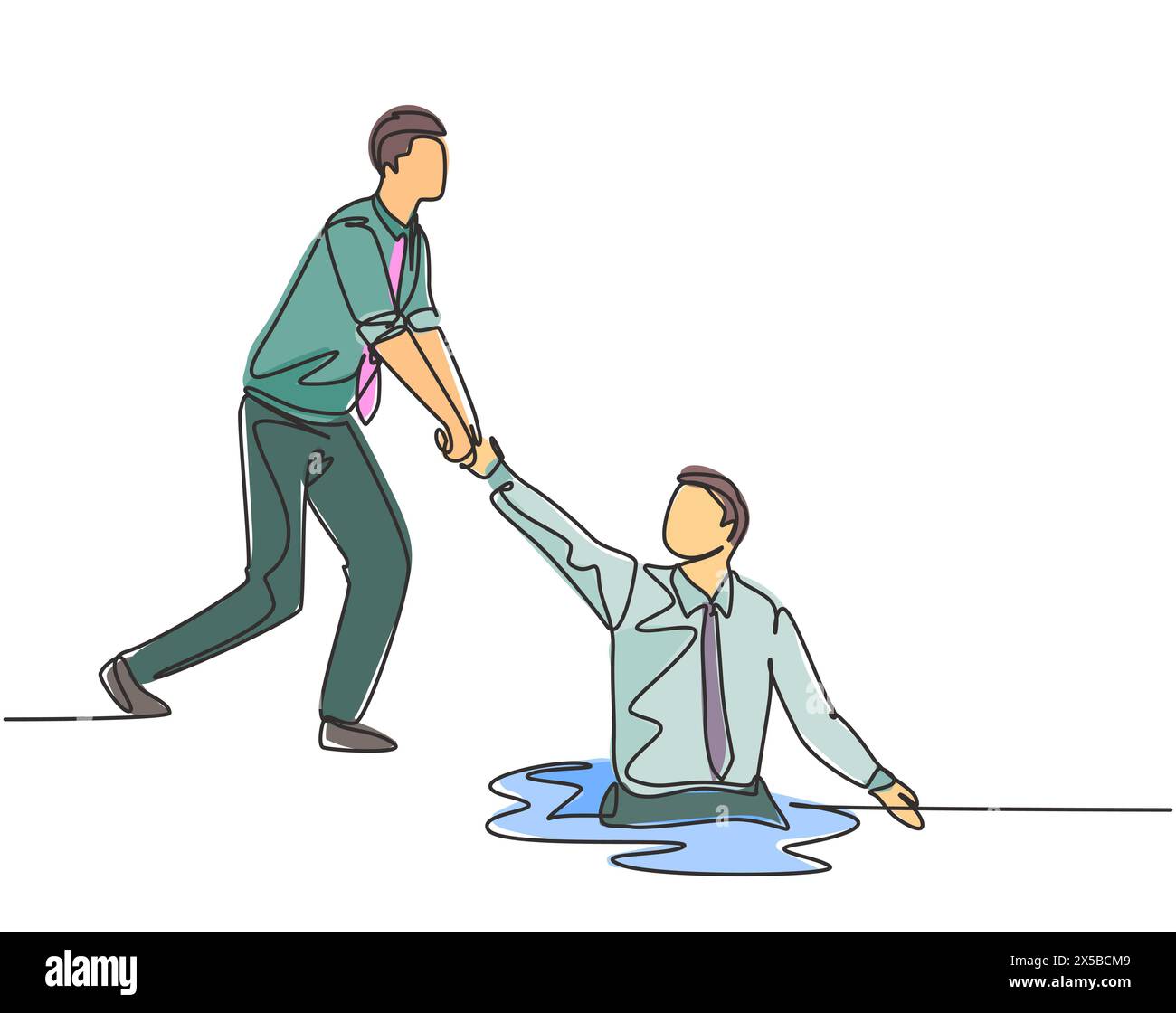 One single line drawing of young energetic businessman helps pull his ...