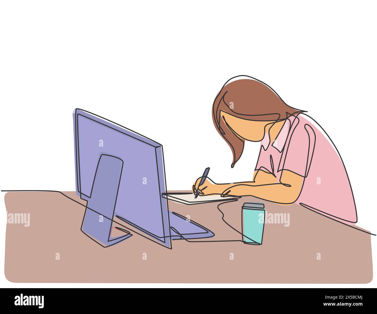 One single line drawing of young pensive female employee works overtime ...