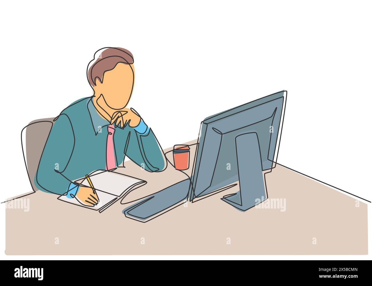 One single line drawing of young pensive businessman sitting and ...