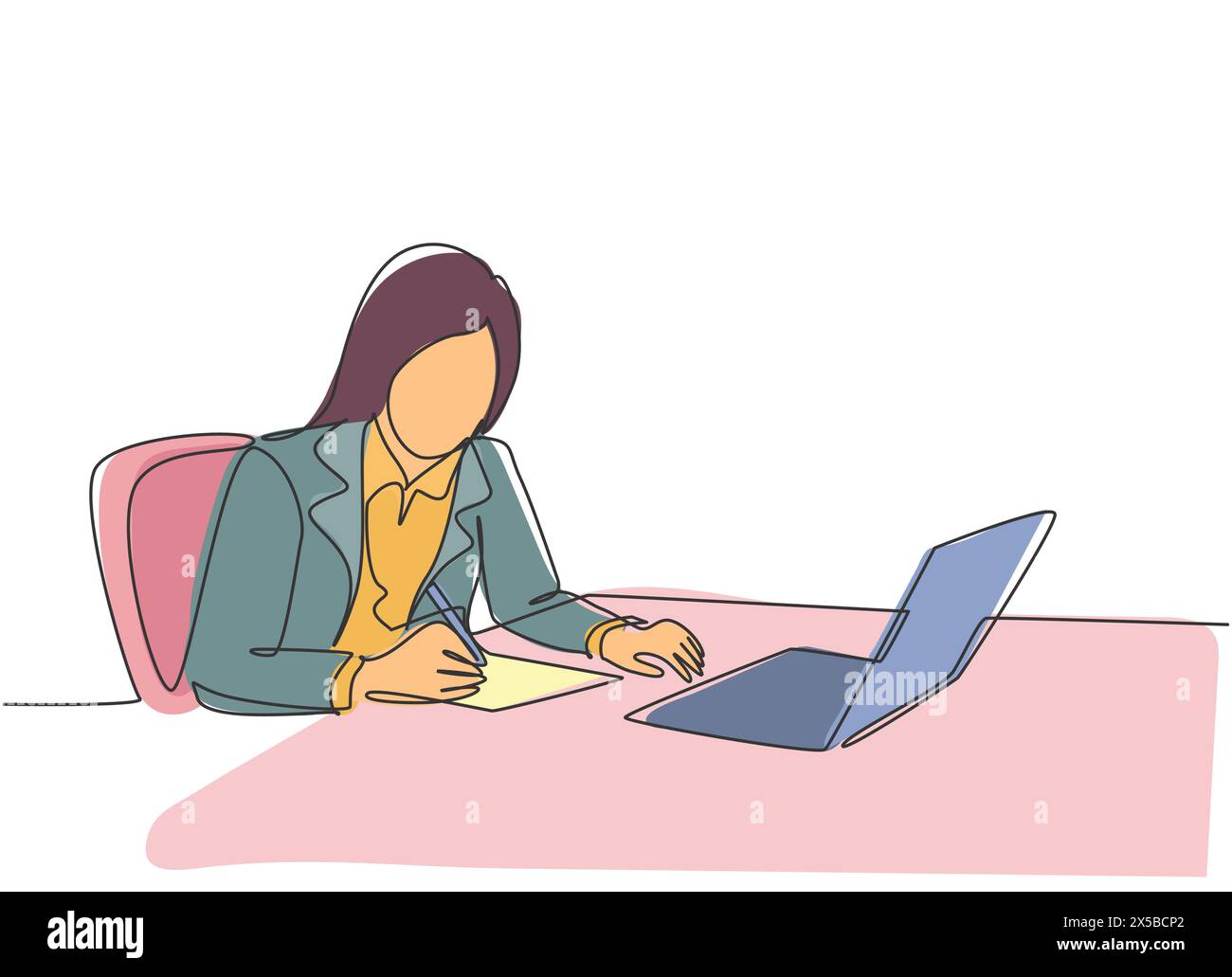 One continuous line drawing of young serious female employee writing ...