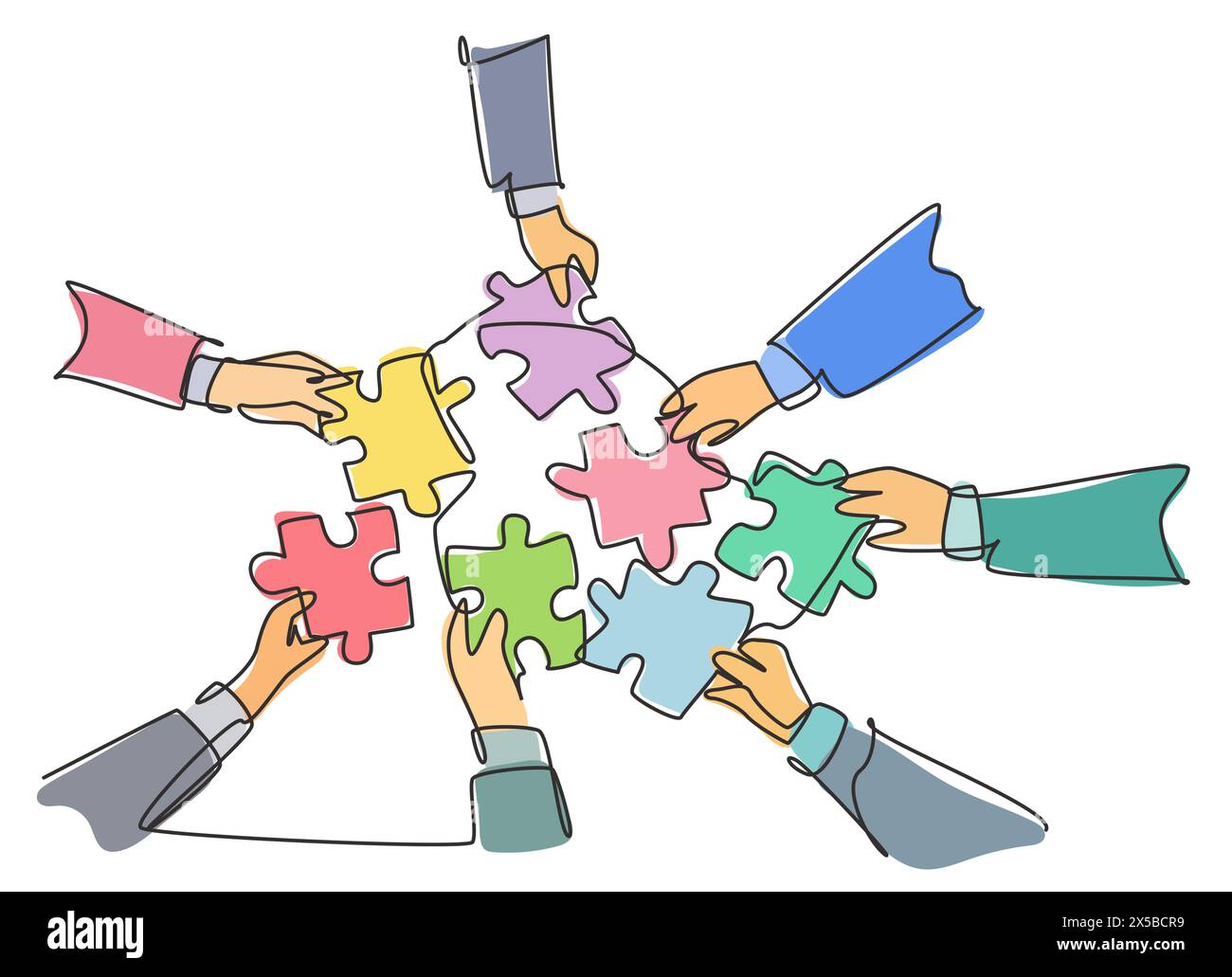 Single continuous line drawing of male and female business team members ...