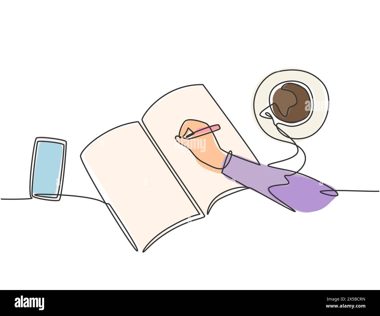 Single continuous line drawing of hand gesture writing on an open book ...