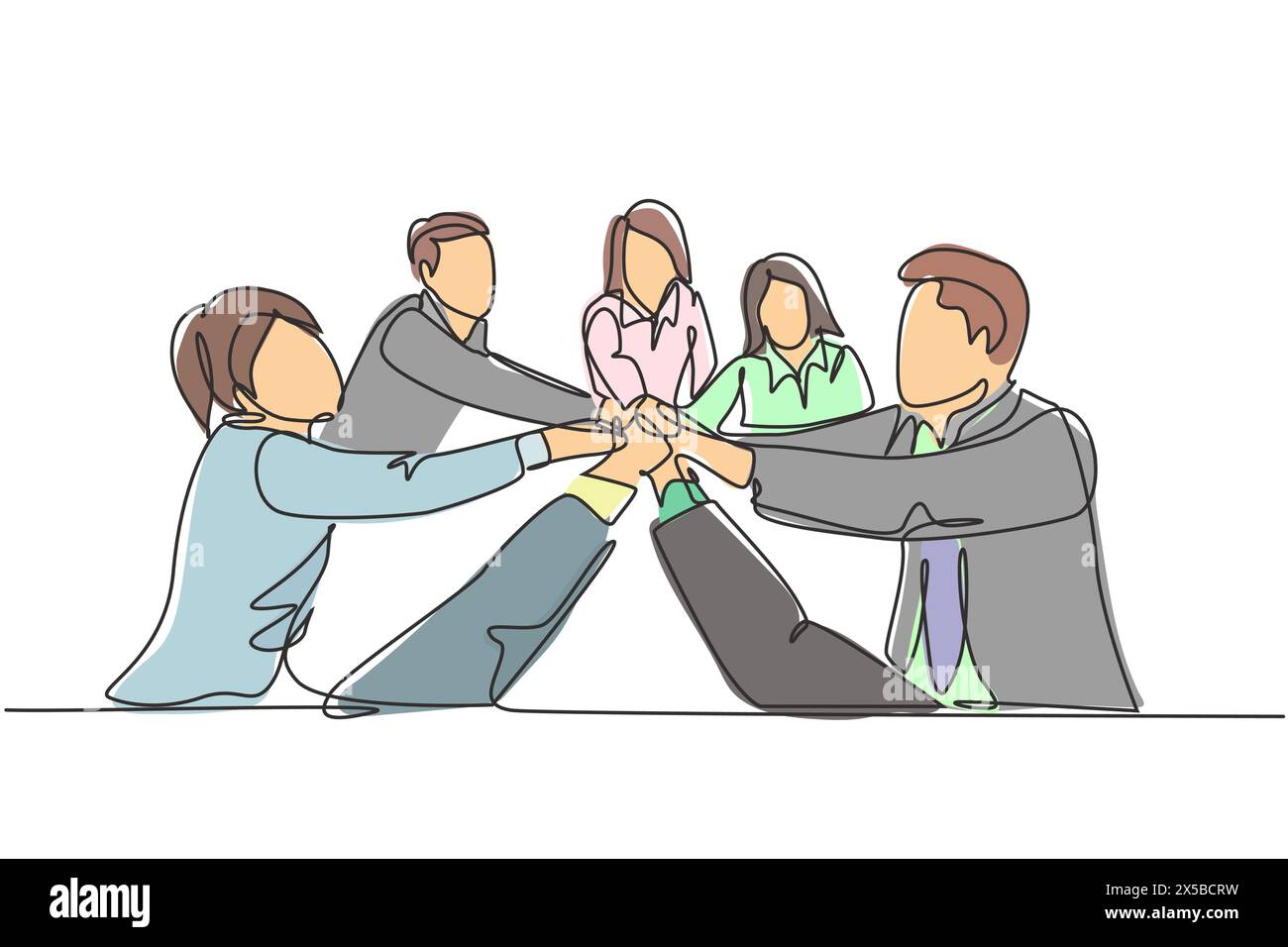 One single line drawing group of young happy male and female business ...