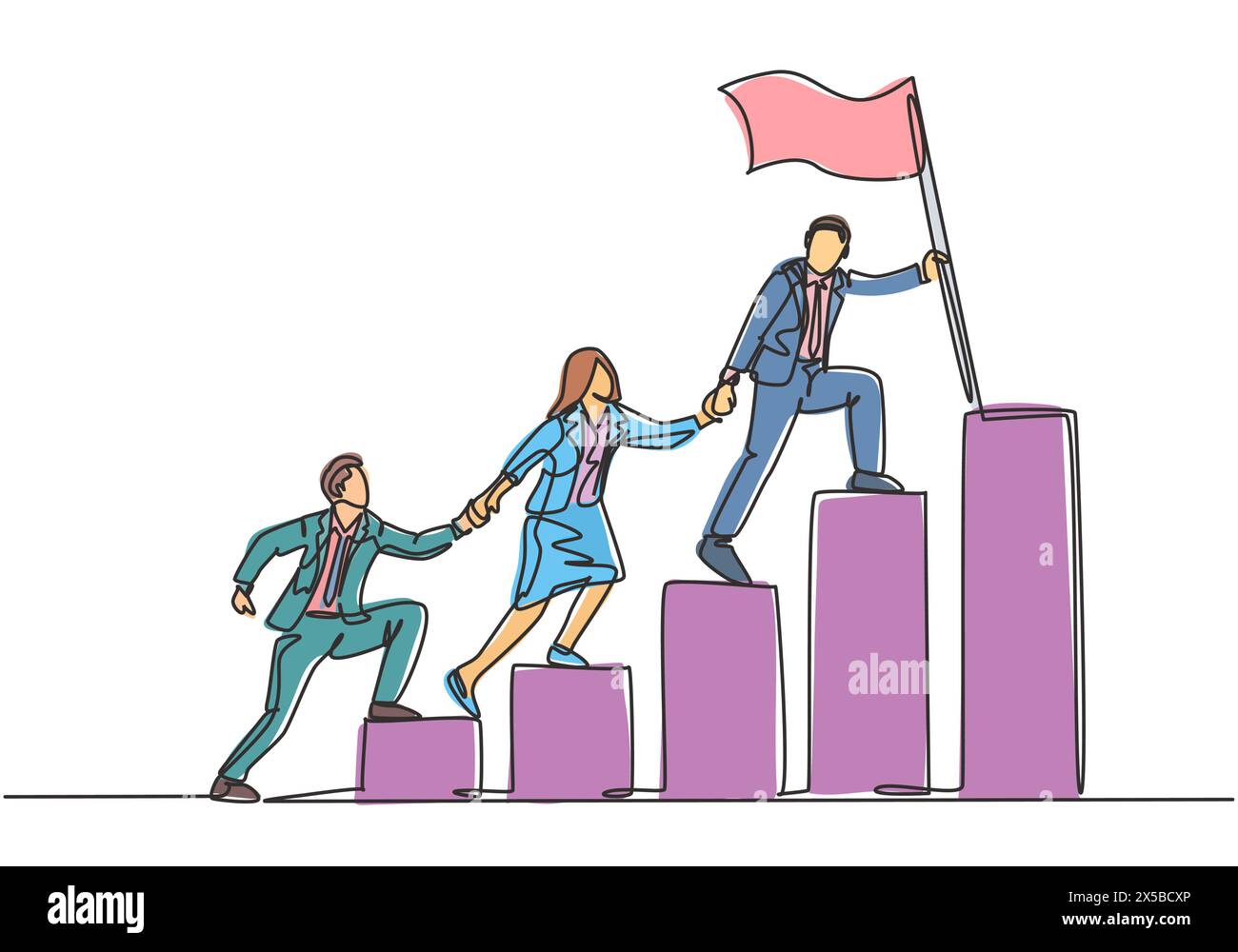 Single continuous line drawing of team members holding hands together ...