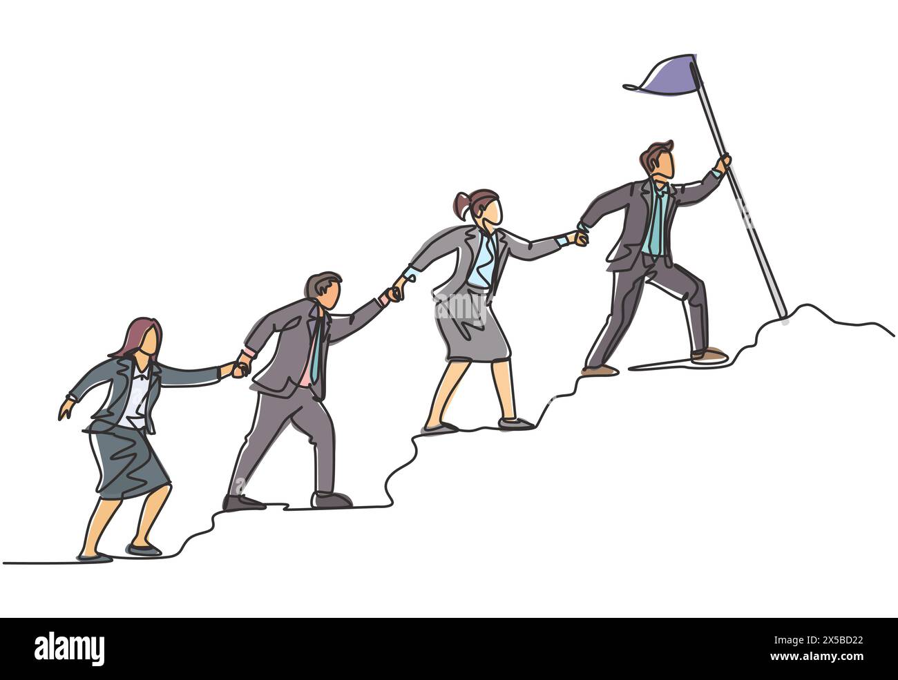 One continuous line drawing of male and female team member stick ...