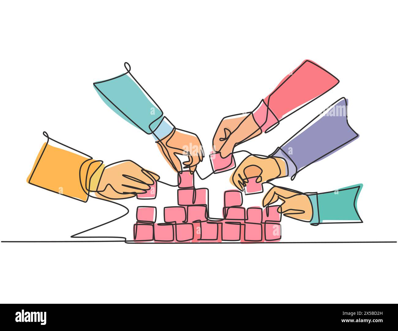 Single continuous line drawing of business team member arrange wooden ...