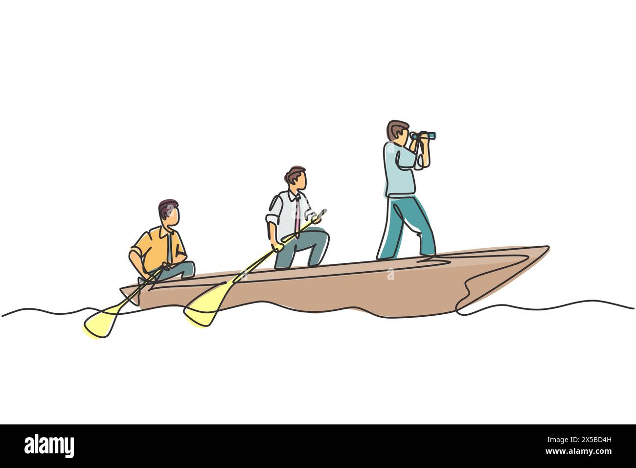 One single line drawing of young male team member take a boat heading ...