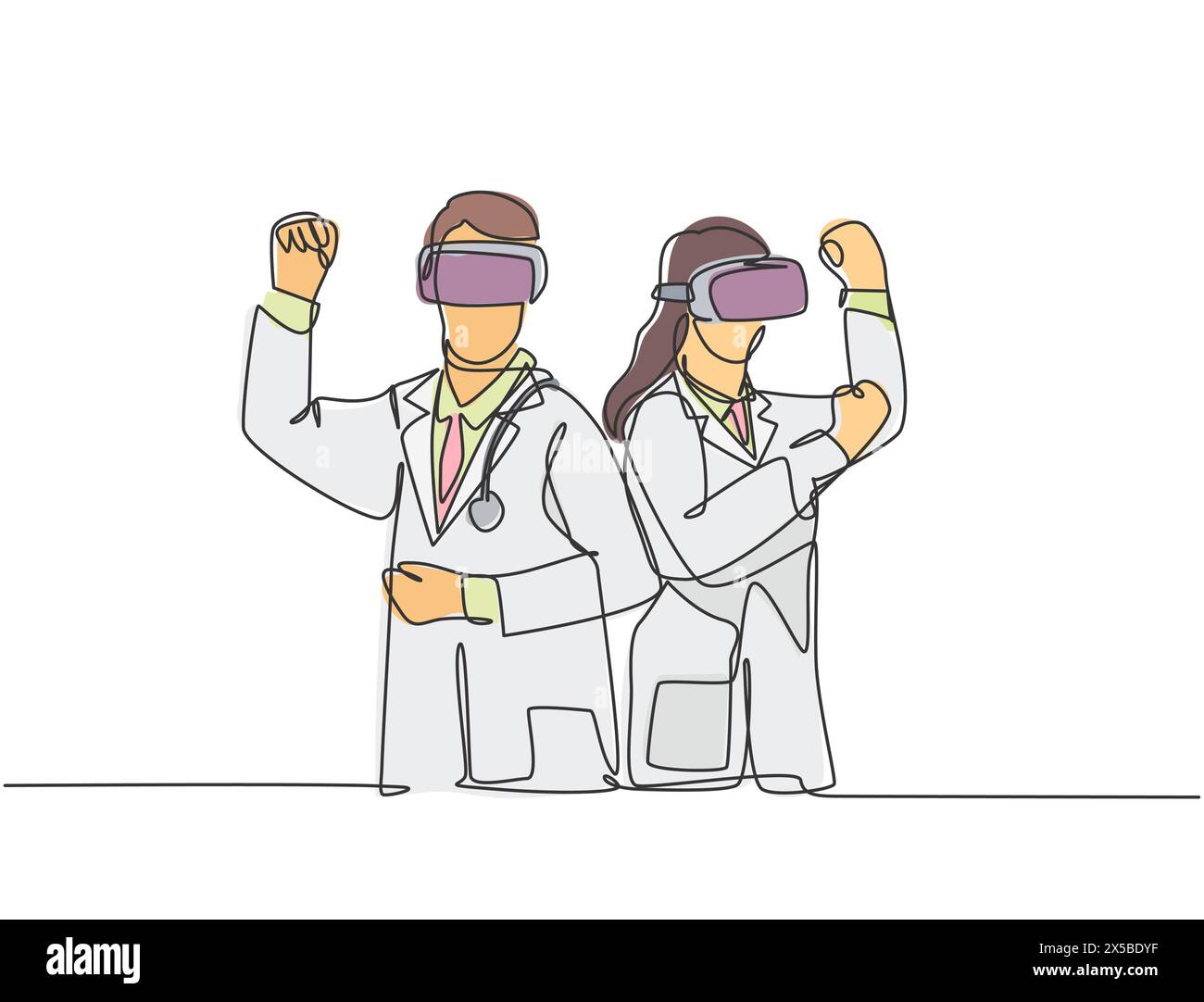 One continuous line drawing of two young male and female doctor playing ...