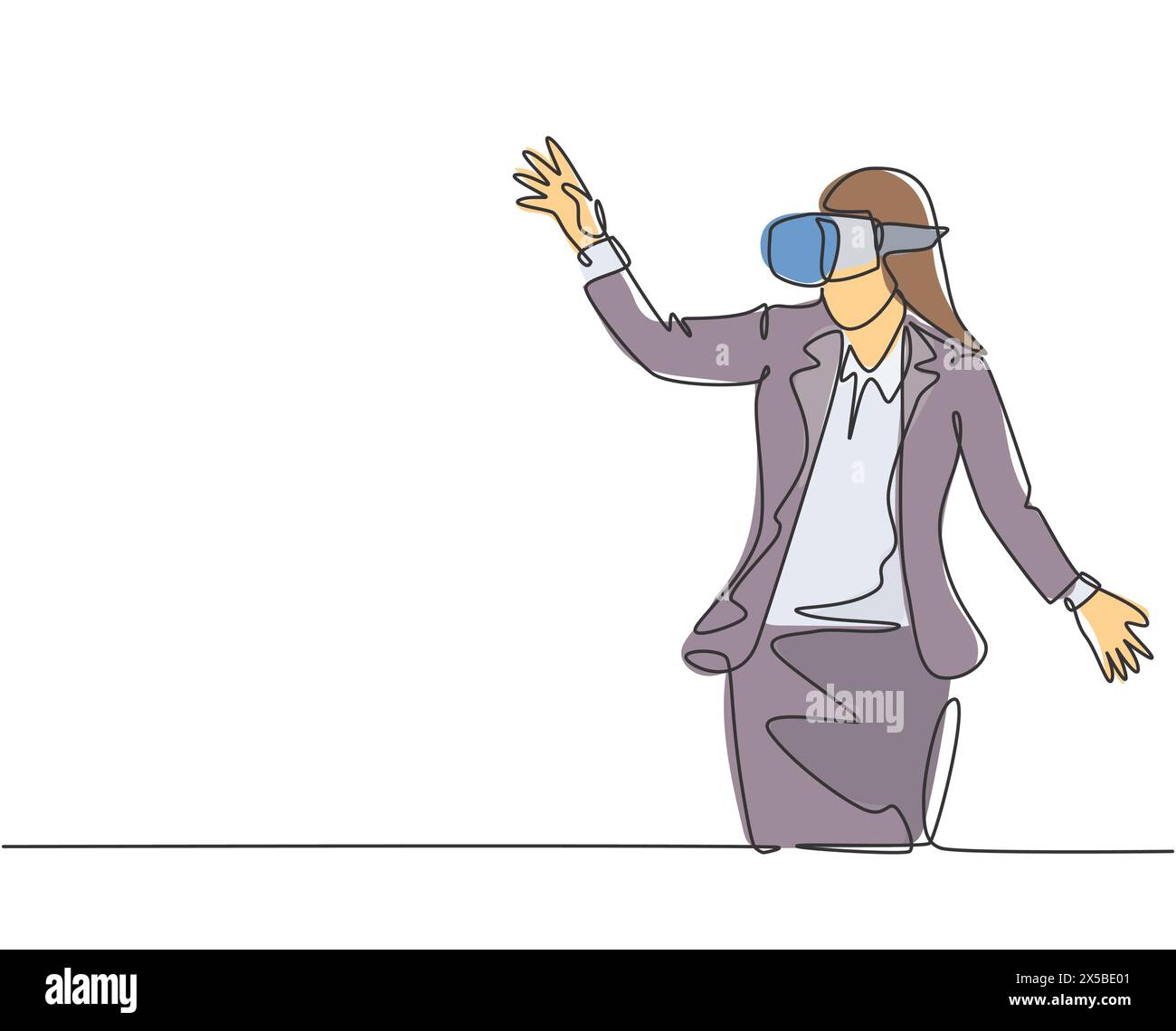 Single continuous line drawing of young happy businesswoman reaching ...