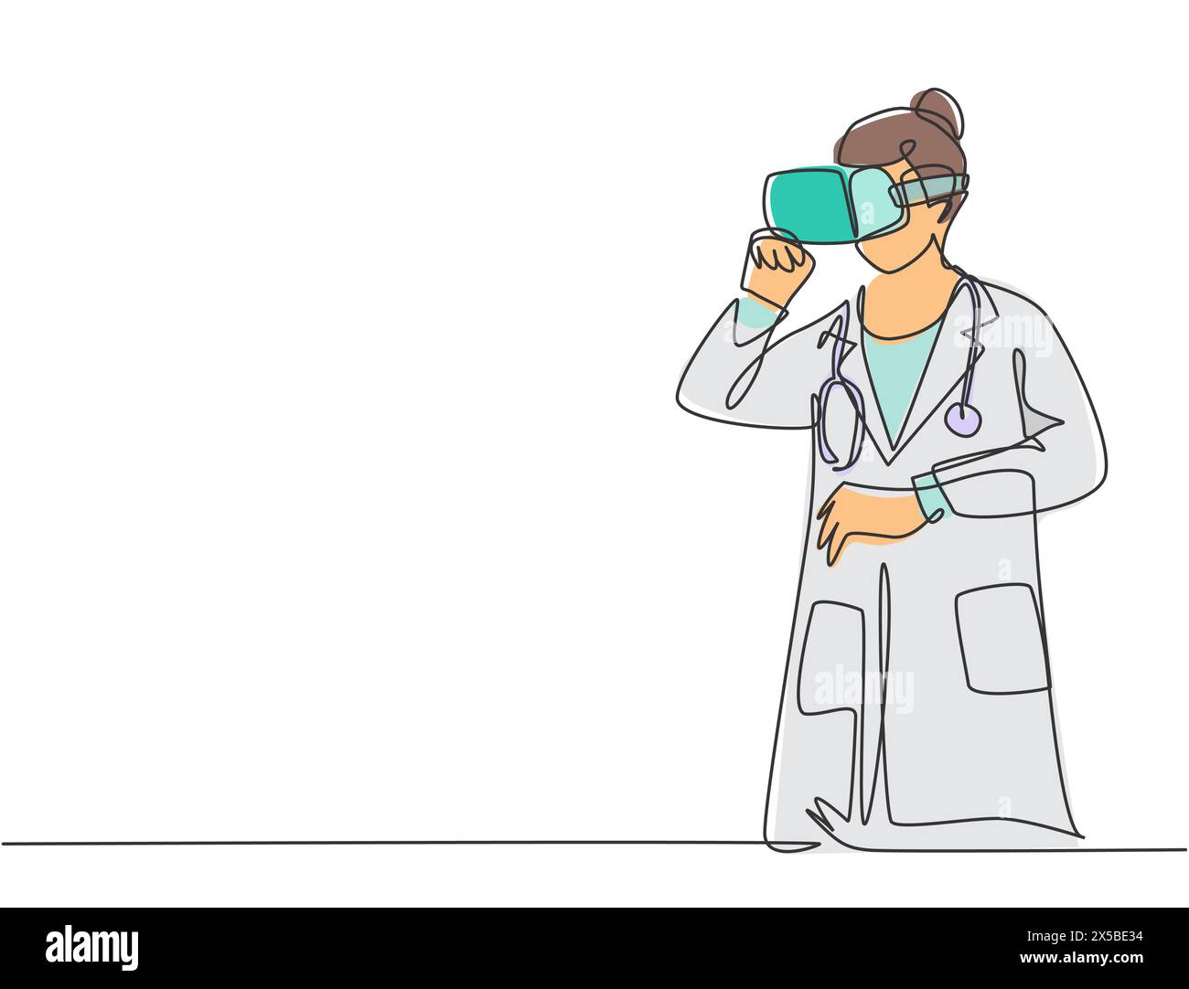 One single line drawing of young serious female doctor thinking ...