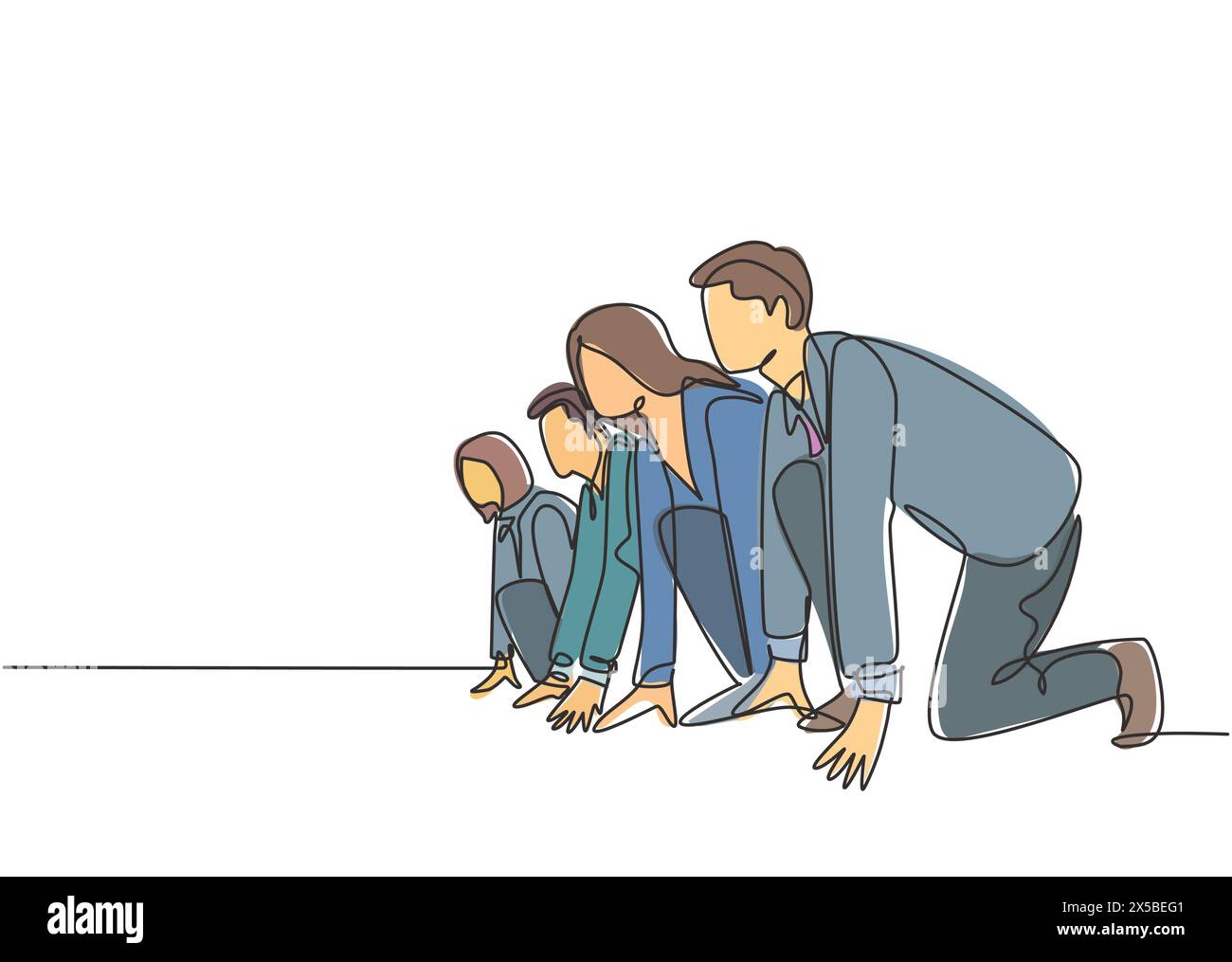 One single line drawing group of male and female worker gets ready on ...