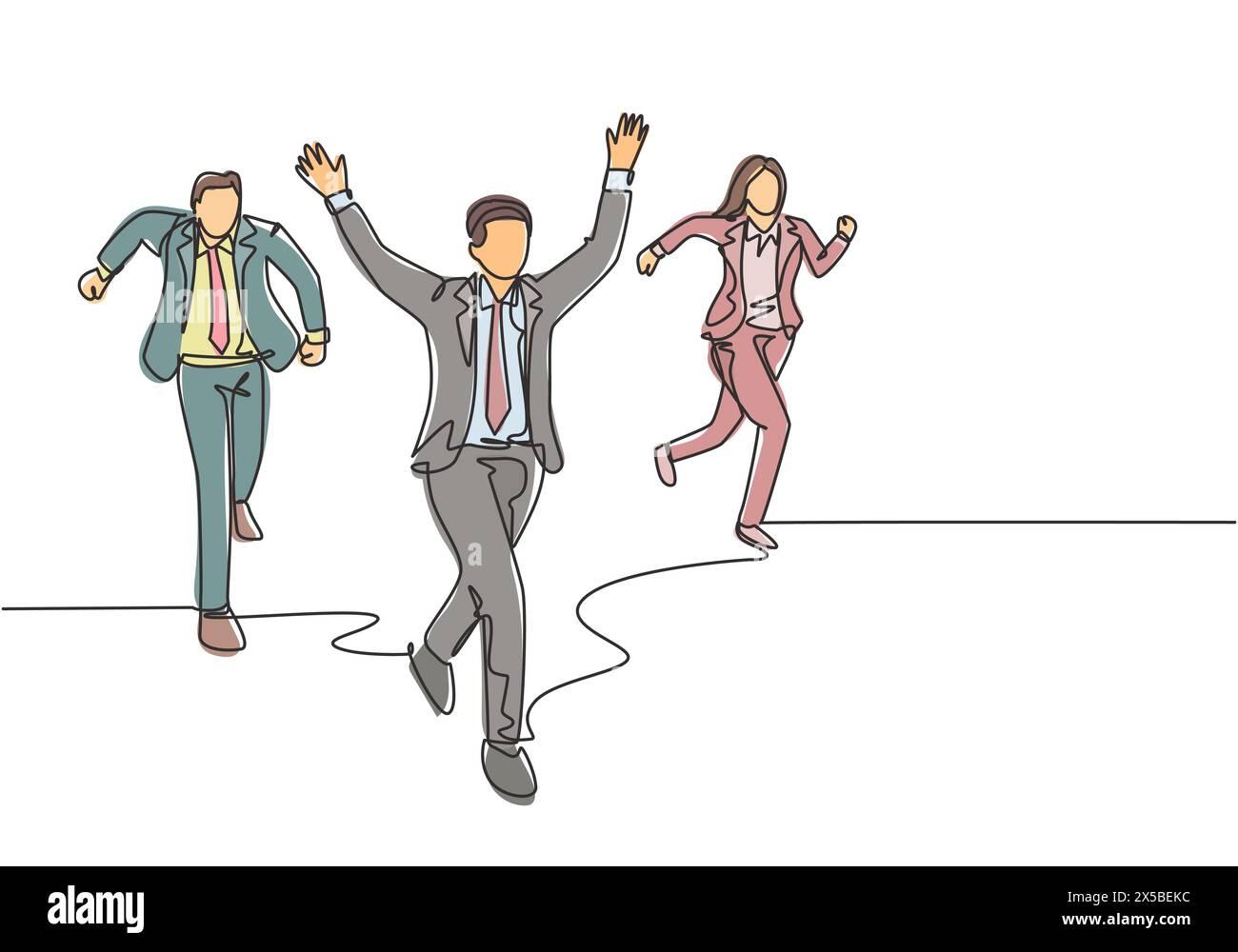 One single line drawing of young male female worker happy after winning ...