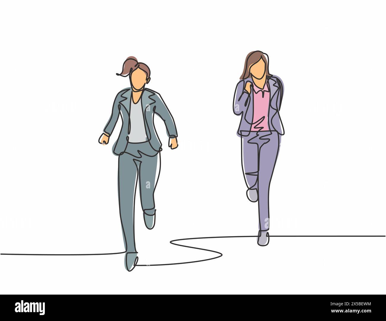 One single line drawing of young female workers try to beat each others ...