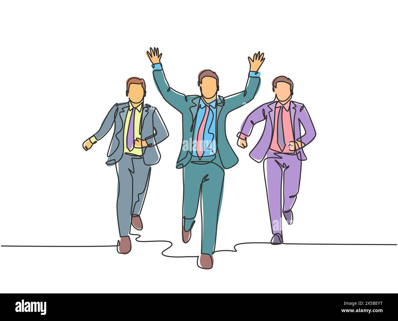 One single line drawing of young male worker rise fist to the air after ...