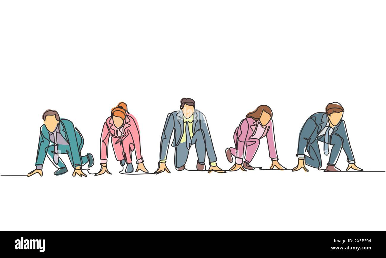 One single line drawing group of businessmen and businesswomen get ...