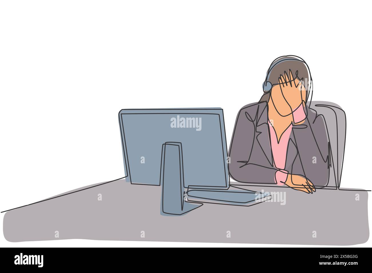 Single continuous line drawing of young bored and tired female call ...