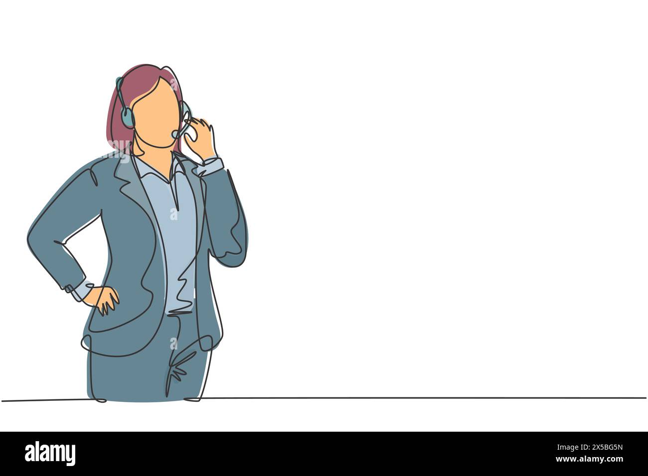 Single continuous line drawing of young happy female customer service ...