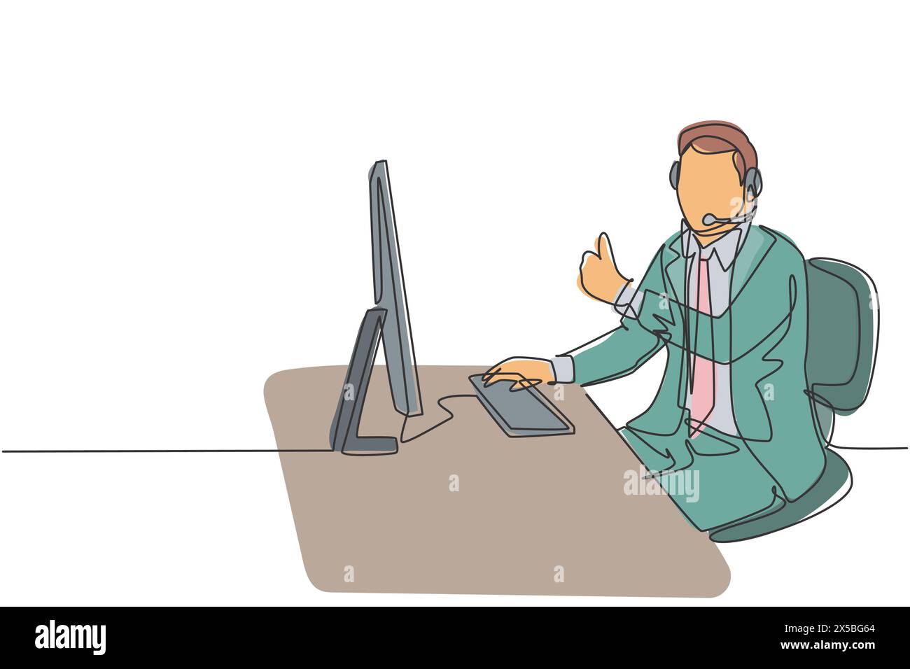 One continuous line drawing of young happy male call center worker ...