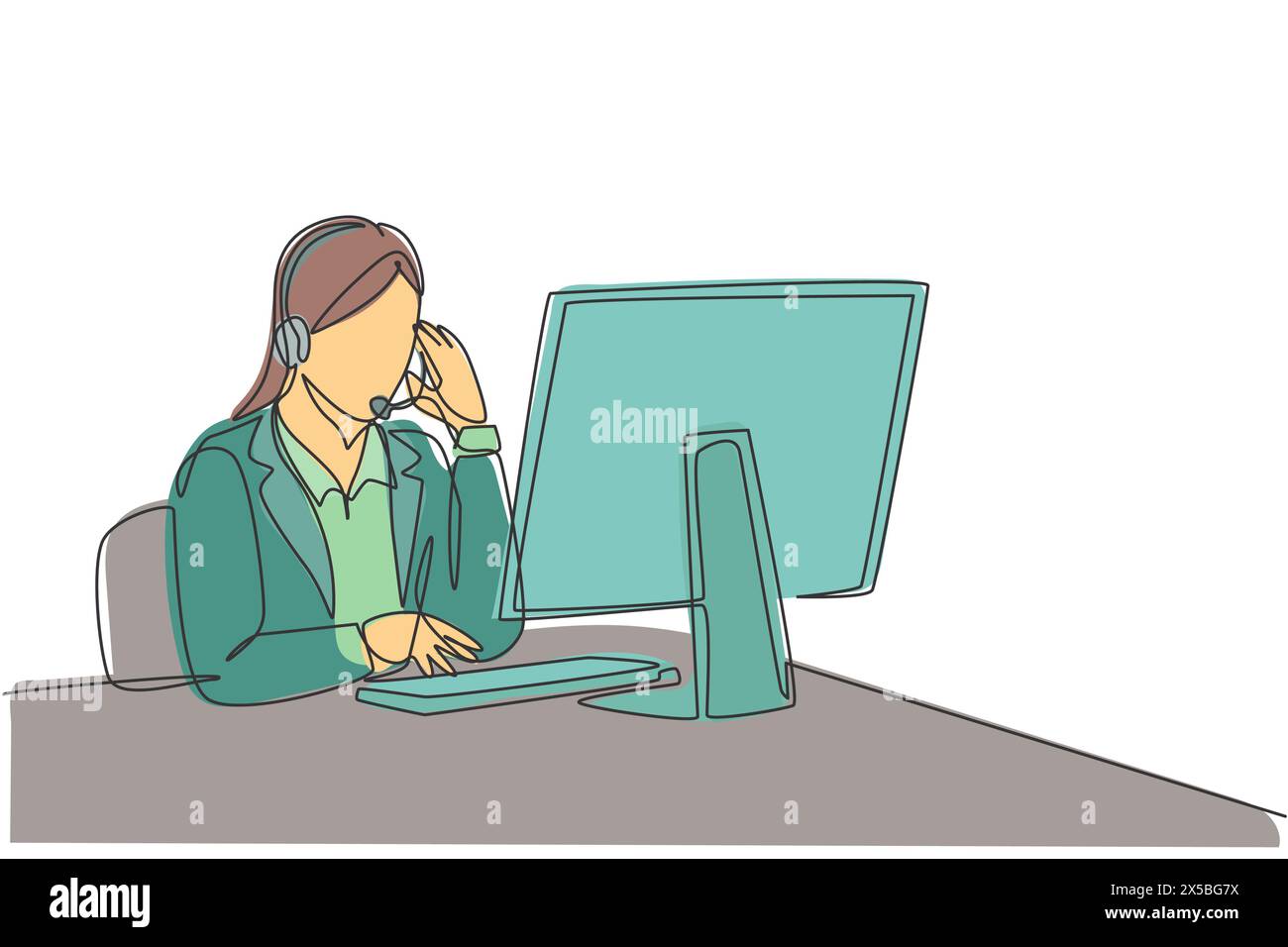 Single continuous line drawing of young happy female call center worker ...