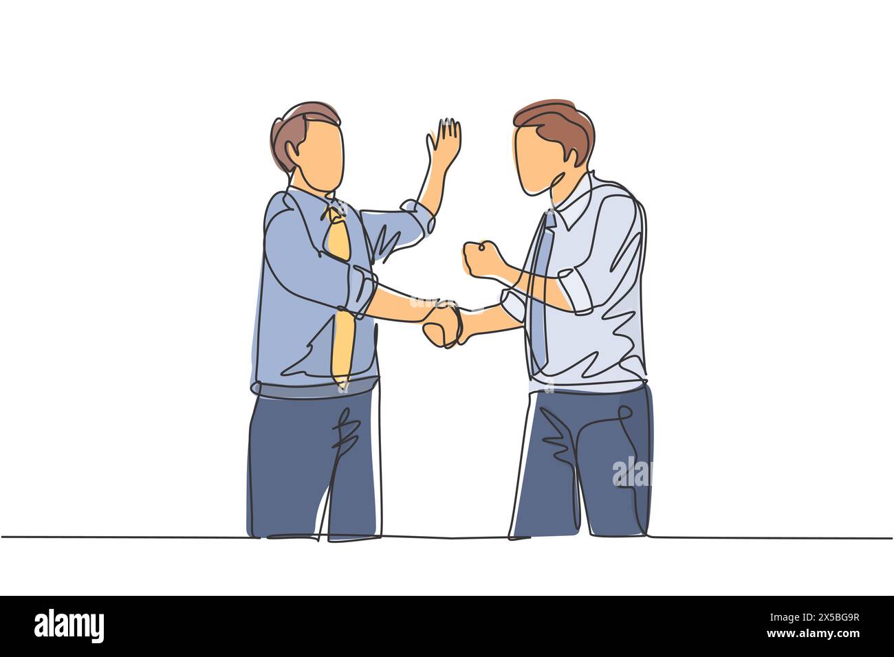 One single line drawing of two young happy businessmen colleagues ...