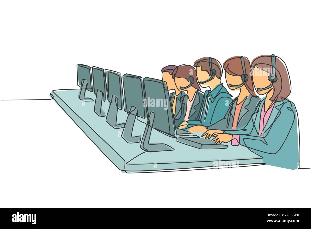 One single line drawing group of male and female customer service team ...