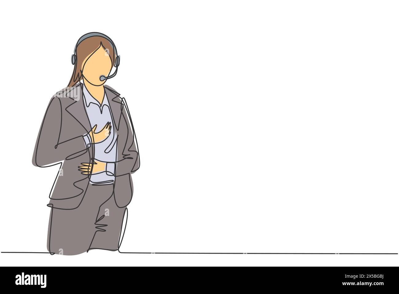 Single continuous line drawing of young happy female trainer speak in ...